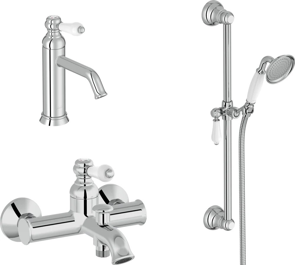 Комплект для ванной Jacob Delafon Louise: душевой гарнитур, смеситель для раковины, смеситель для ванны с душем, белый, с изливом