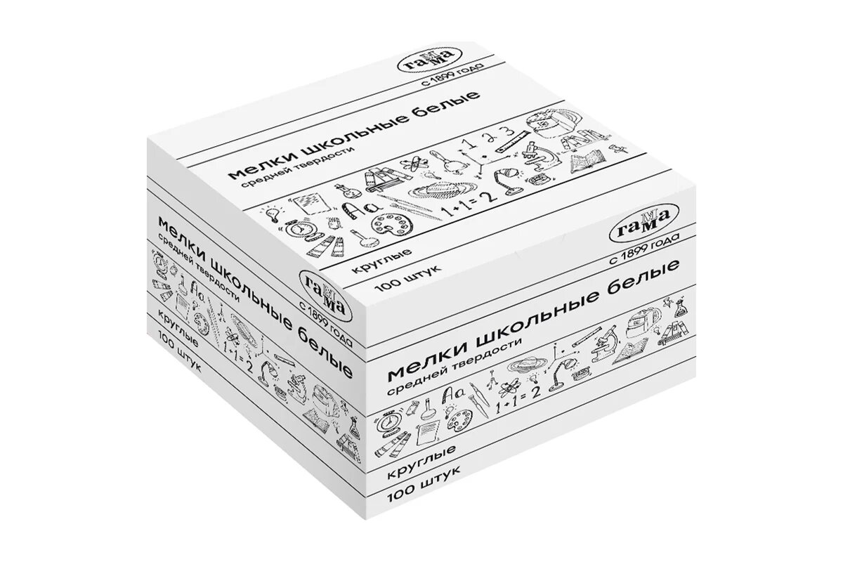Гамма белые школьные мелки 100 шт средней твердости круглые в картонной коробке