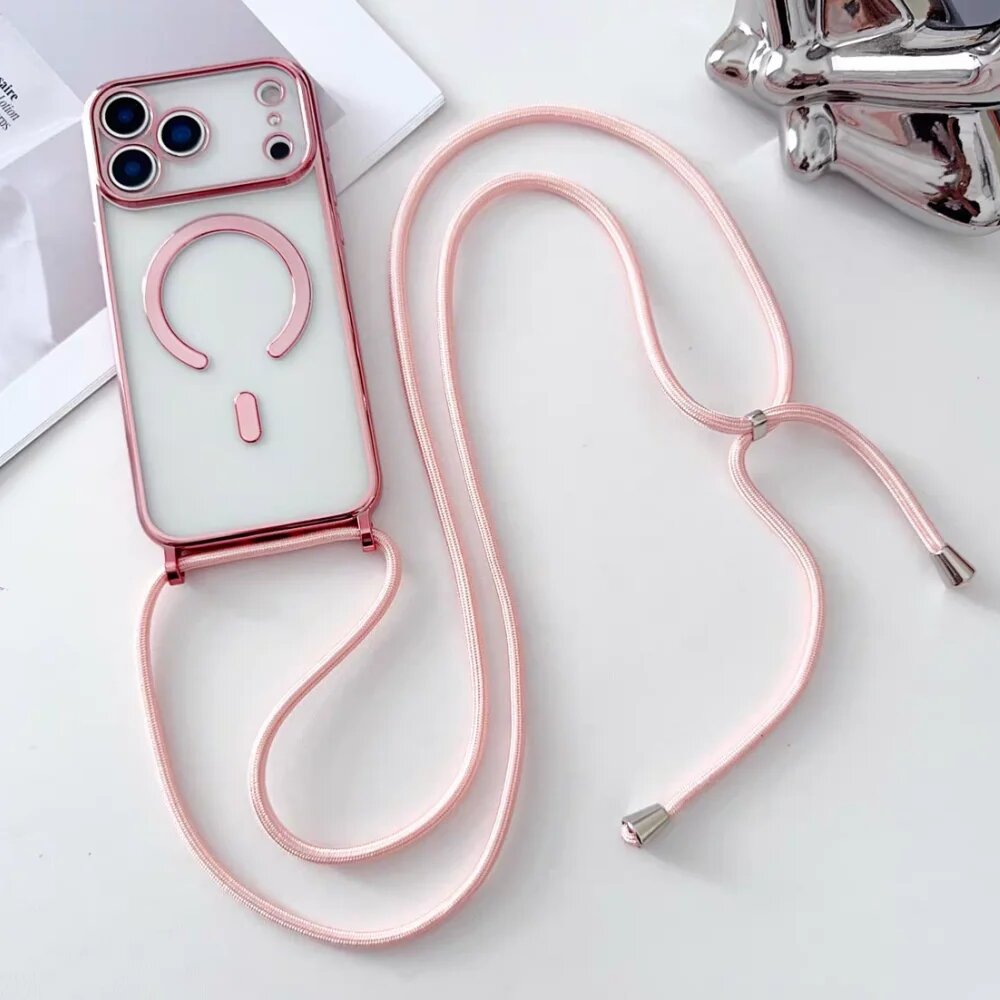 Розовый чехол на iPhone 16 Pro с плечевым шнурком и MagSafe