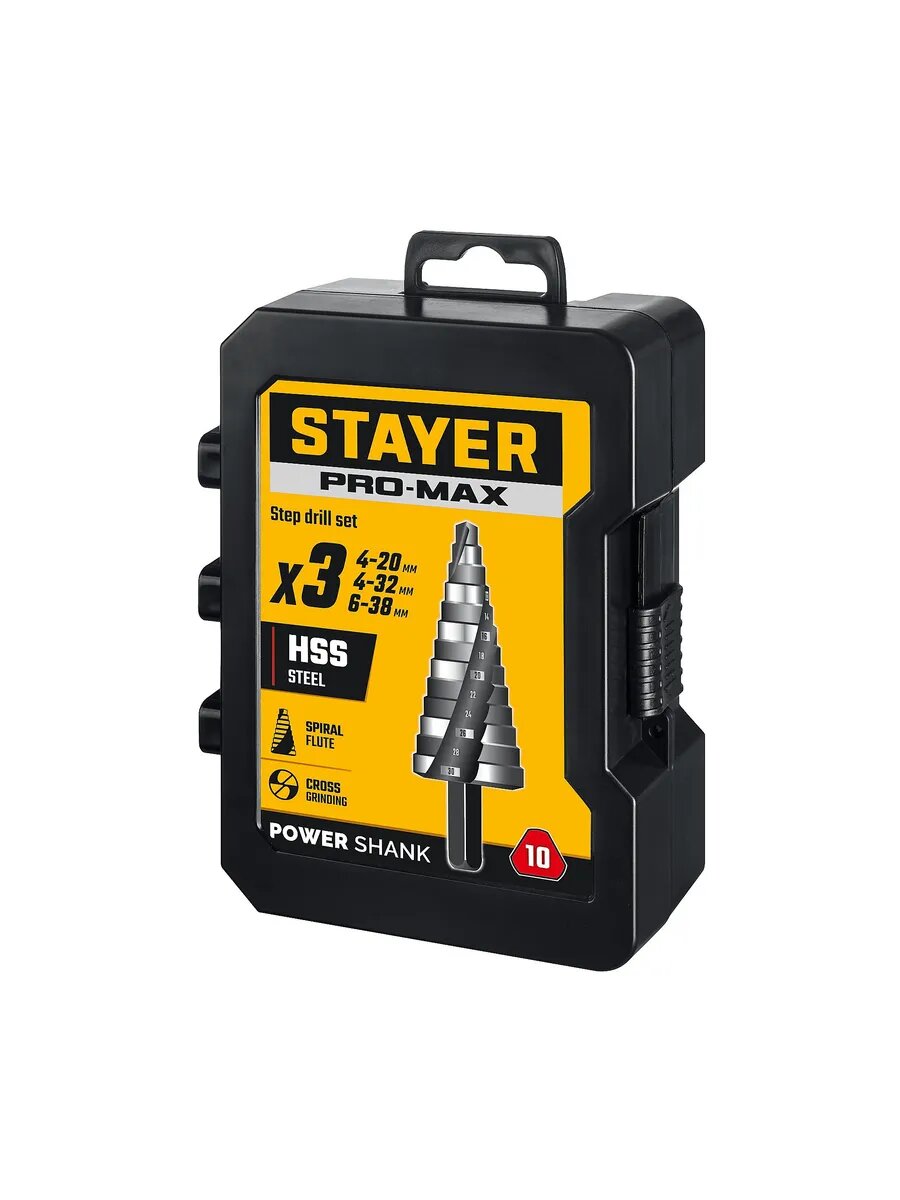 Pro-Max 3 шт, 4-38мм, винтовая спираль, набор сверл ступенч