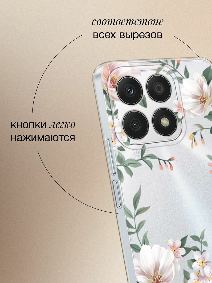 Чехол на Honor X8A / Хонор X8A с принтом "Beautiful white flowers", прозрачный — фото 1