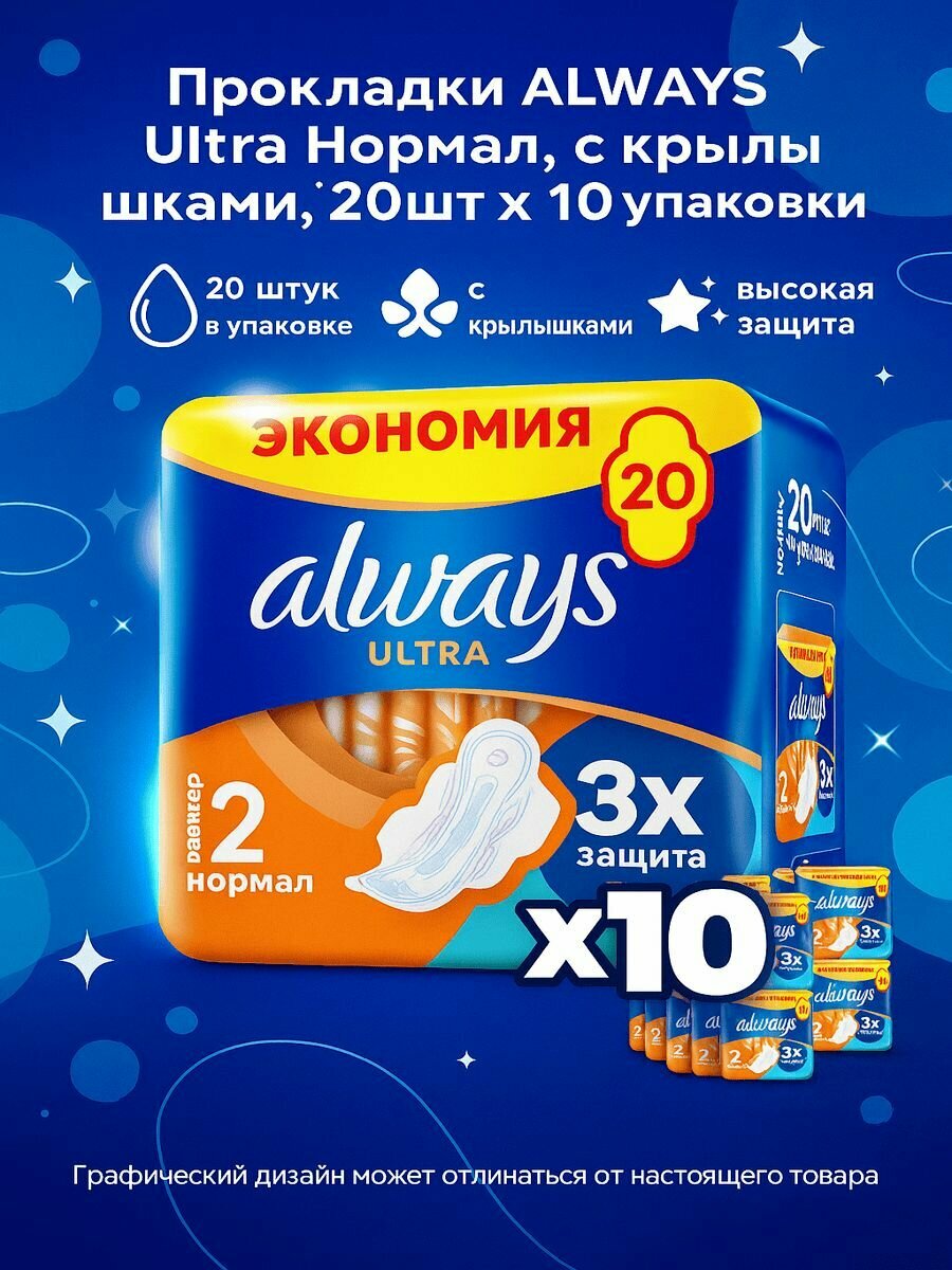 Прокладки ALWAYS Ultra Нормал, с крылышками, 20шт x 10 упаковки
