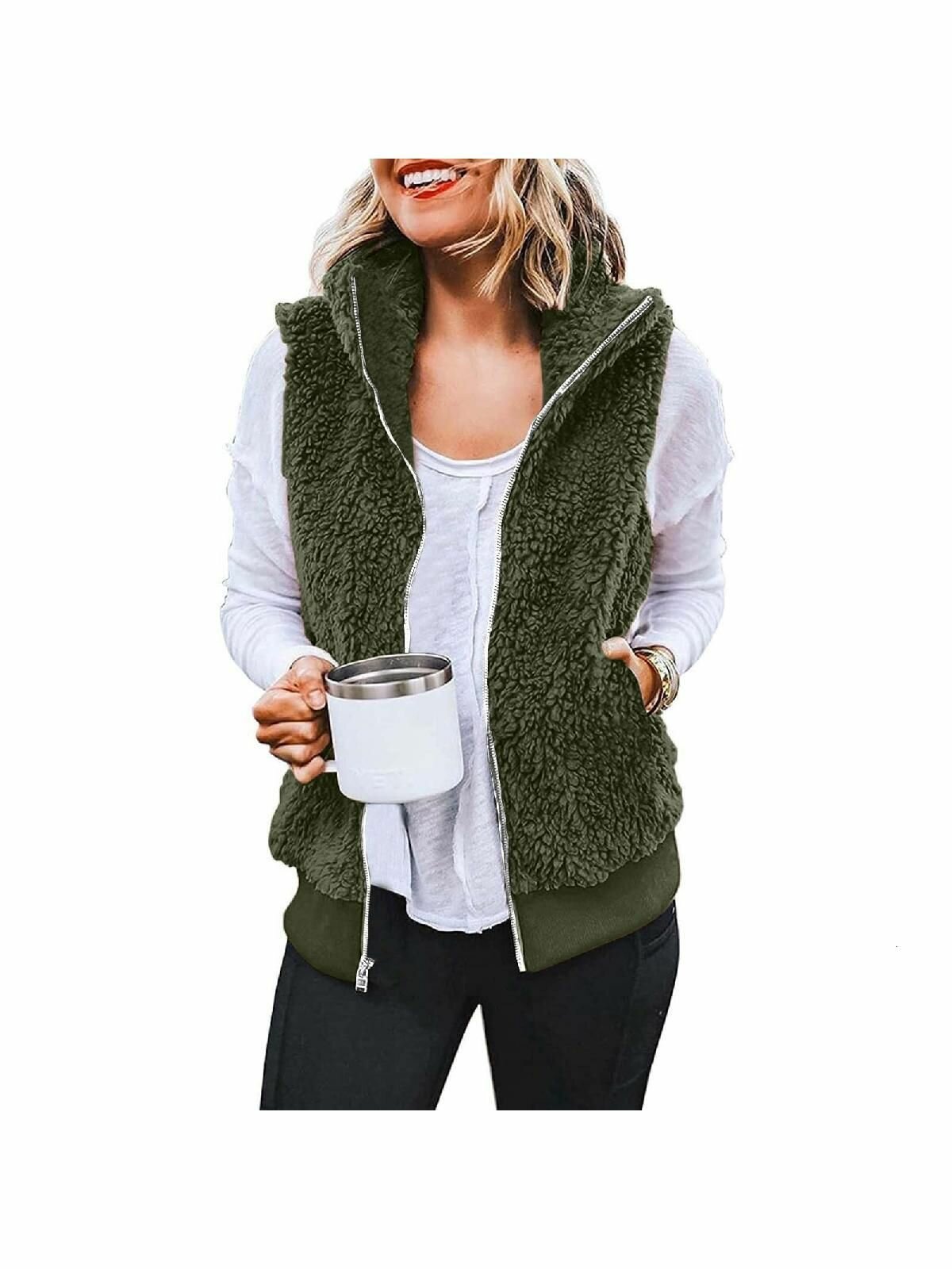 Вязаная безрукавка с воротником-стойкой, Армейский Зеленый - M