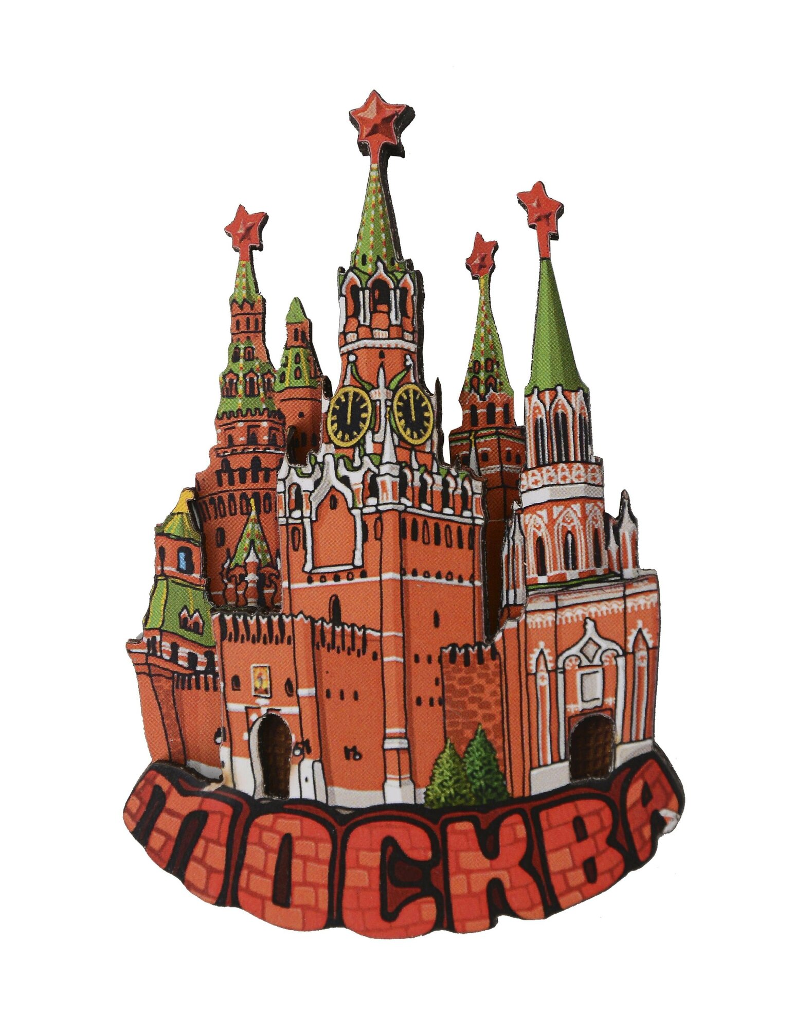 Магнит резной Спасская башня коллаж (дерево) (Москва) (029-2-21S)