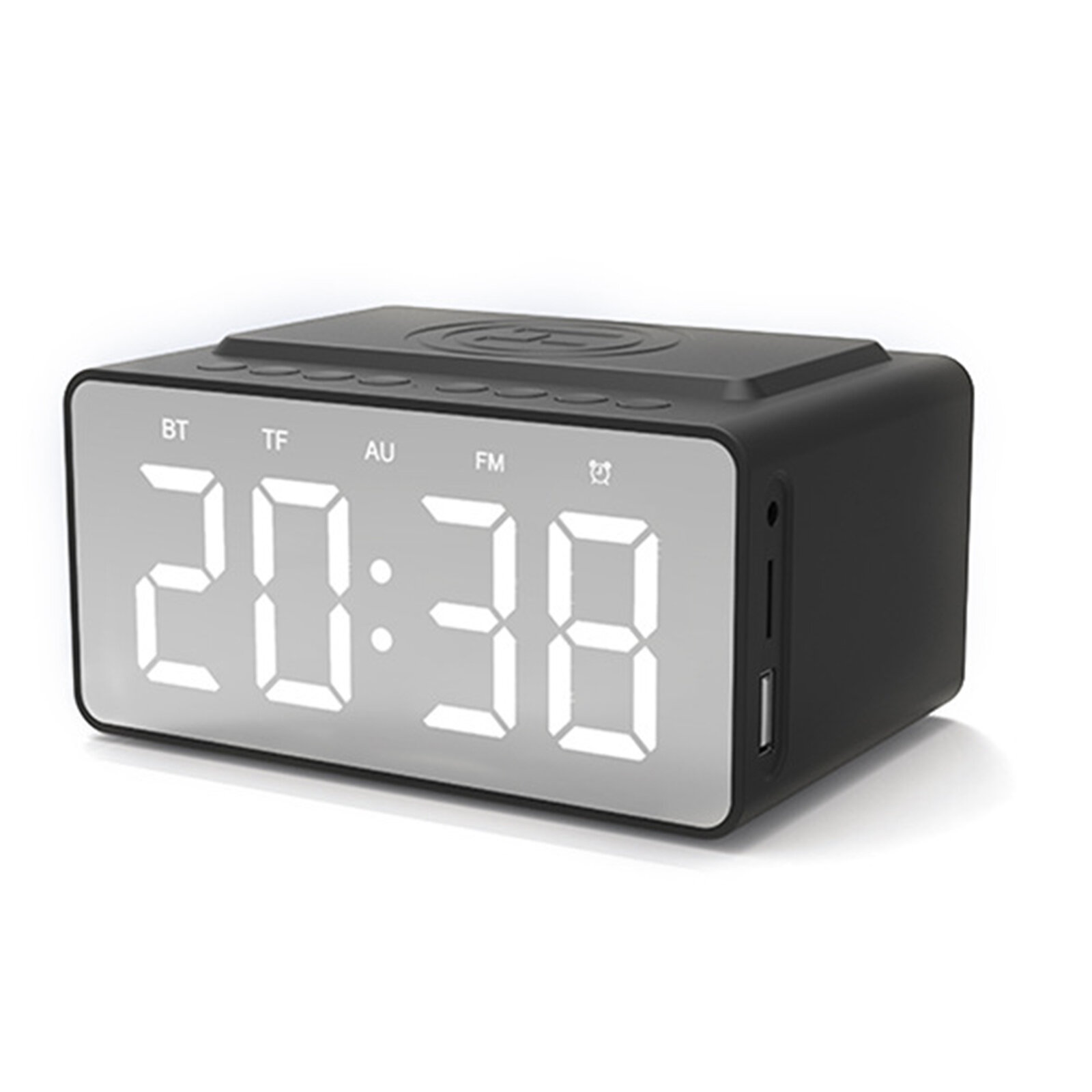 Clock Desktop Speaker Wireless BT5.0, Wireless Charger, Alarm Clock, FM Radio, MP3 Player, TF Card, AUX In, Hands-free with Mic, Digital Display, White, Black, Iron Black, 14.5*10.6*7.2cm, 389g