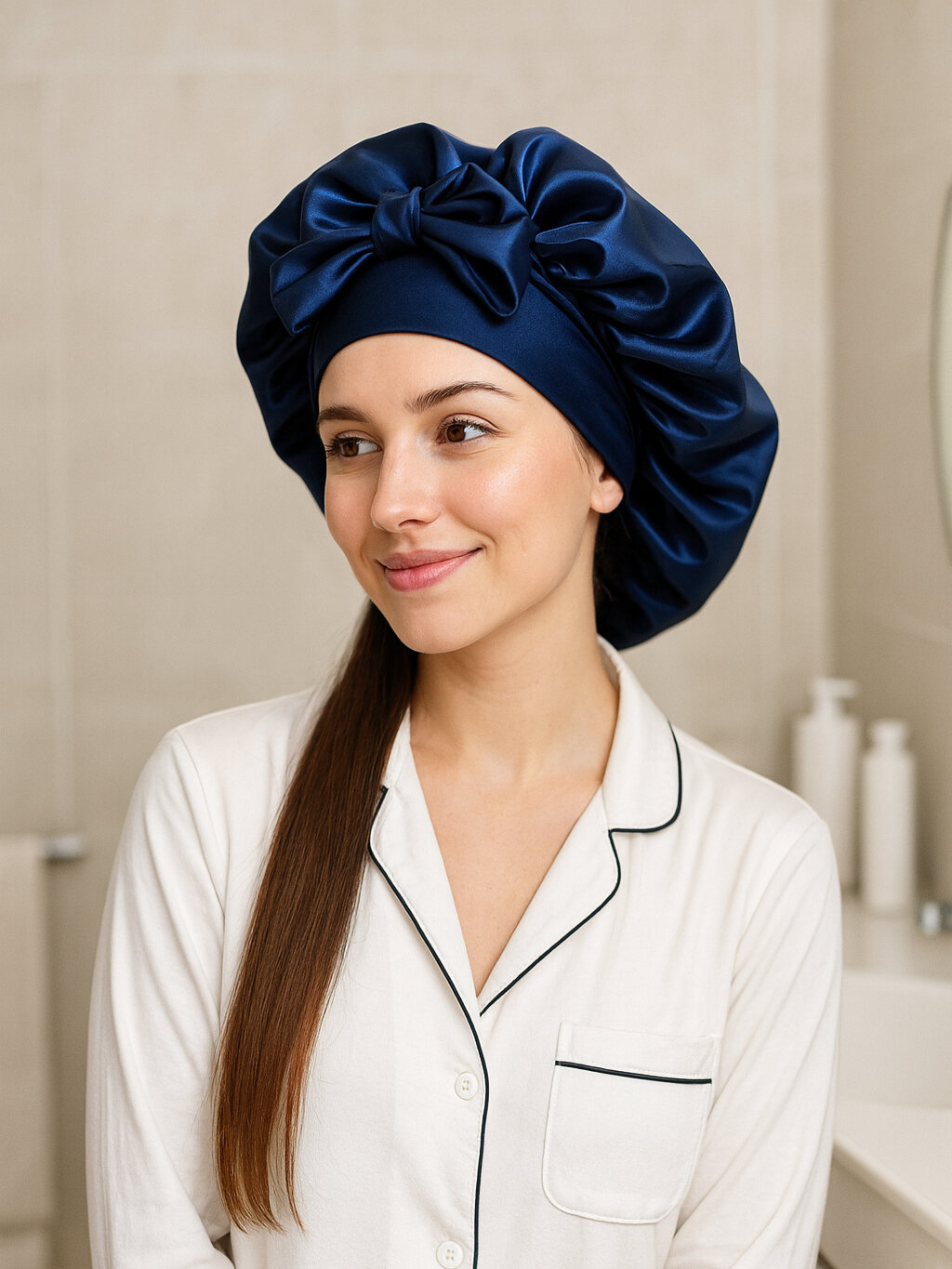 Шапочка WMA STORE, атласная, шелковая, с бантом, синяя, универсальная, женская