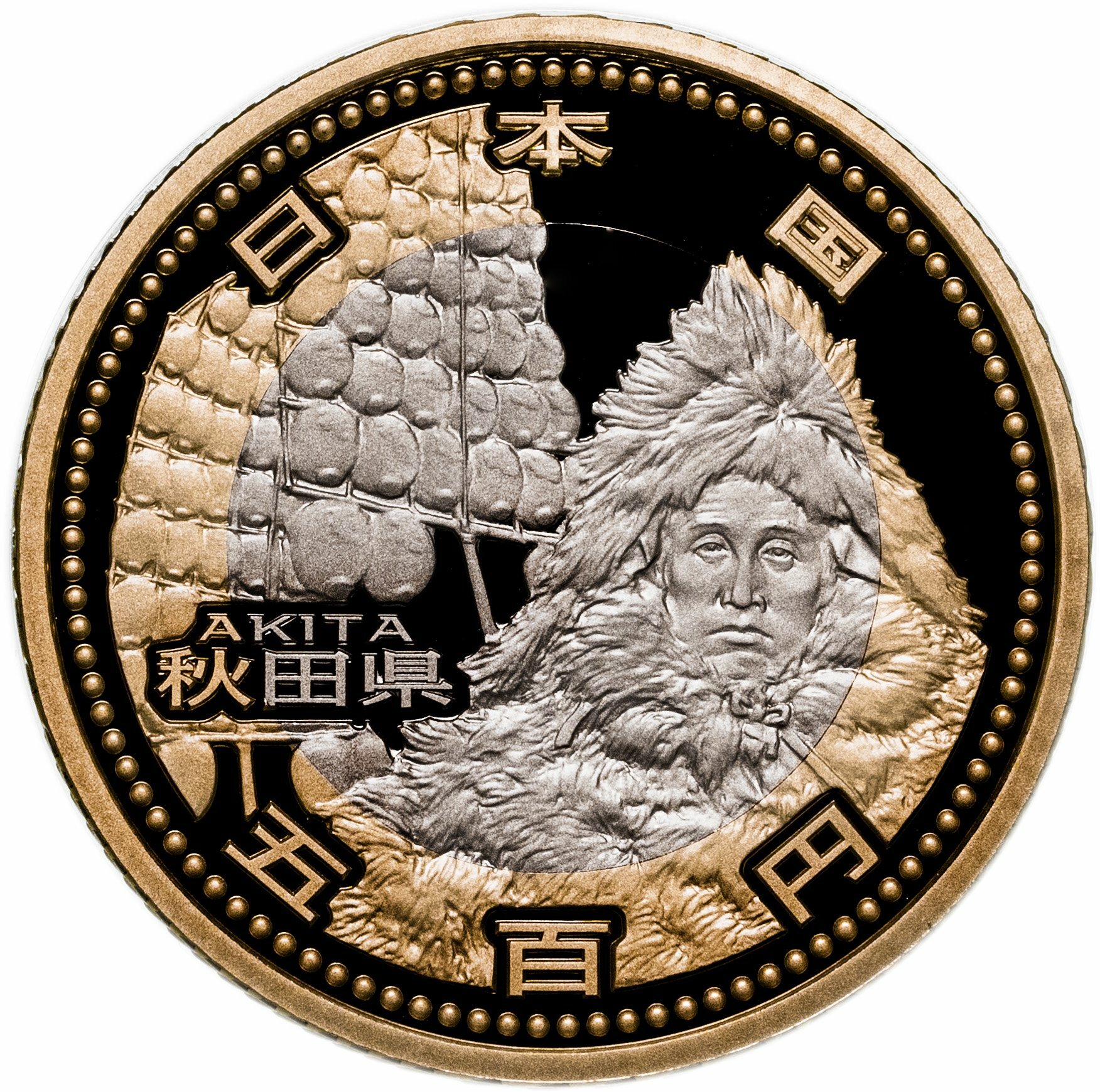 Япония 500 йен 2011 "47 префектур Японии - Акита" в футляре, Биметалл, в сохранности Proof