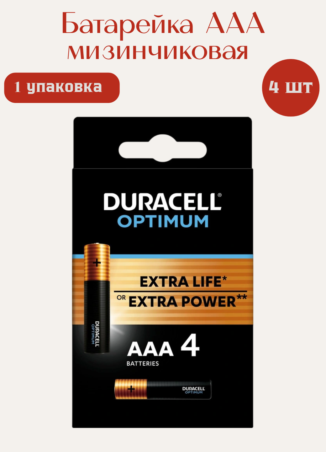 Батарейка AAA мизинчиковая Duracell Optimum (4 штуки в упаковке)