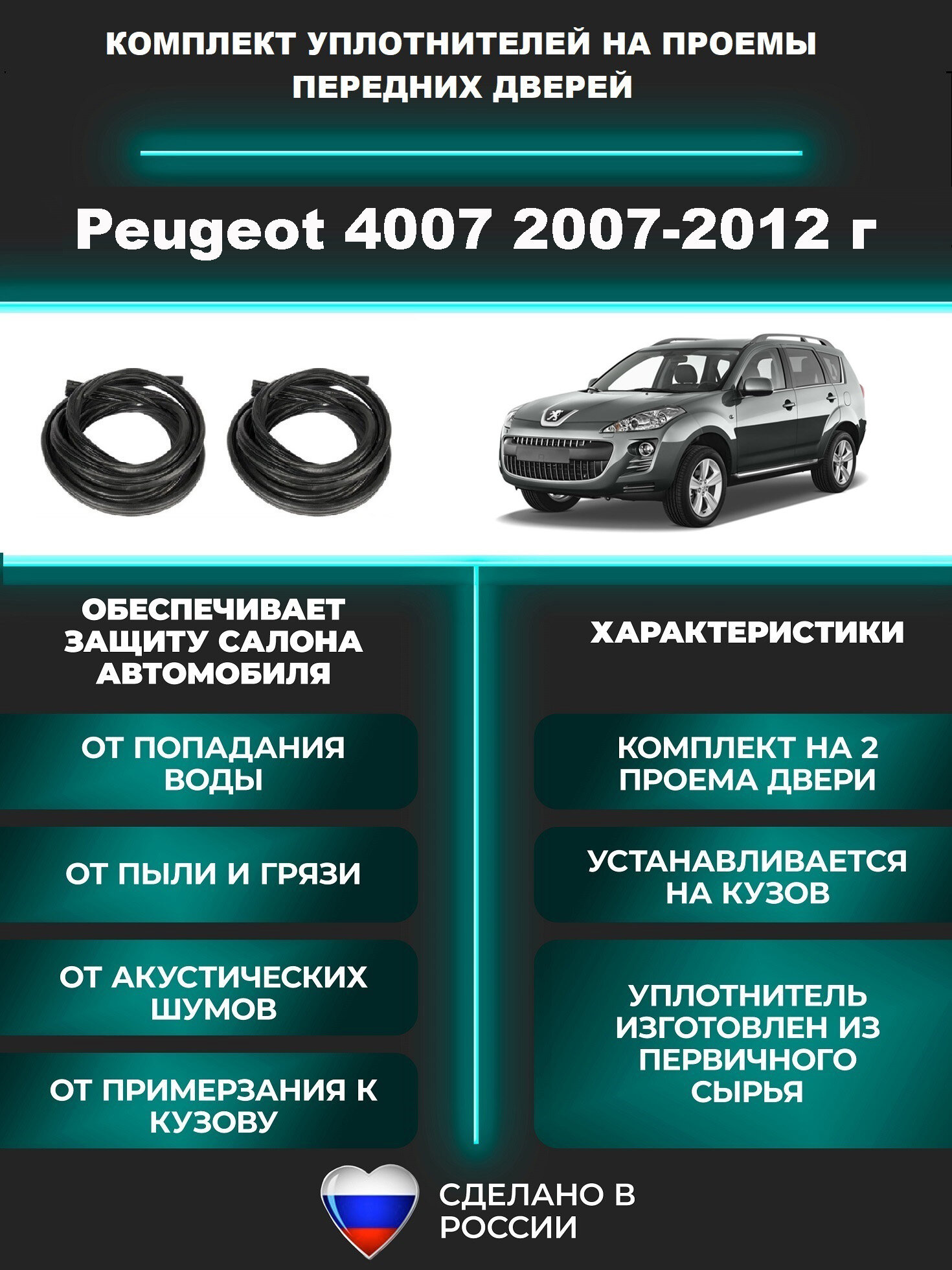 Комплект уплотнителей проема передних дверей, подходит на Peugeot 4007 2007-2012 г / Пежо 4007 - 2 шт