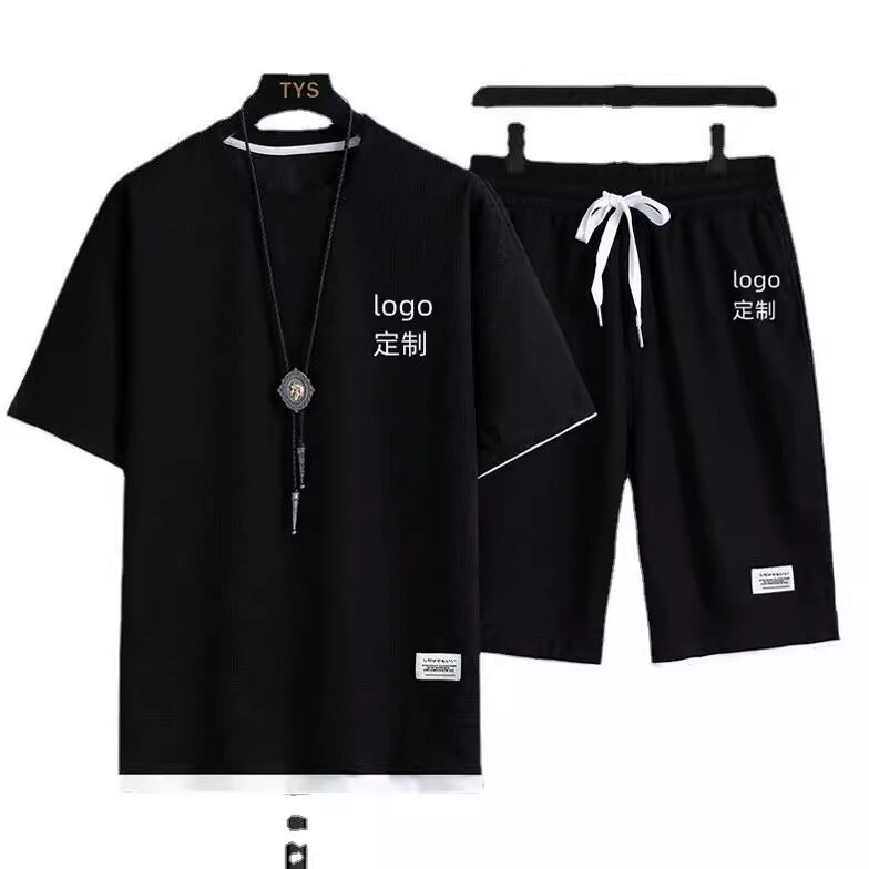 Вафельная футболка, мужской костюм в гонконгском стиле, имитирующий комплект из двух частей, свободные модные брюки-поло большого размера, повседневный стиль для отдыха на природе.