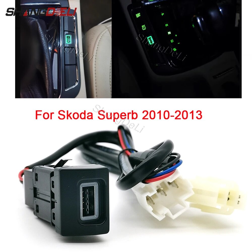 Зеленый светодиодный светильник, автомобильное зарядное устройство, розетка QC3.0, быстрая зарядка телефона, USB-разъем для зарядки, кабель адаптера питания для Skoda Superb 2010-2013