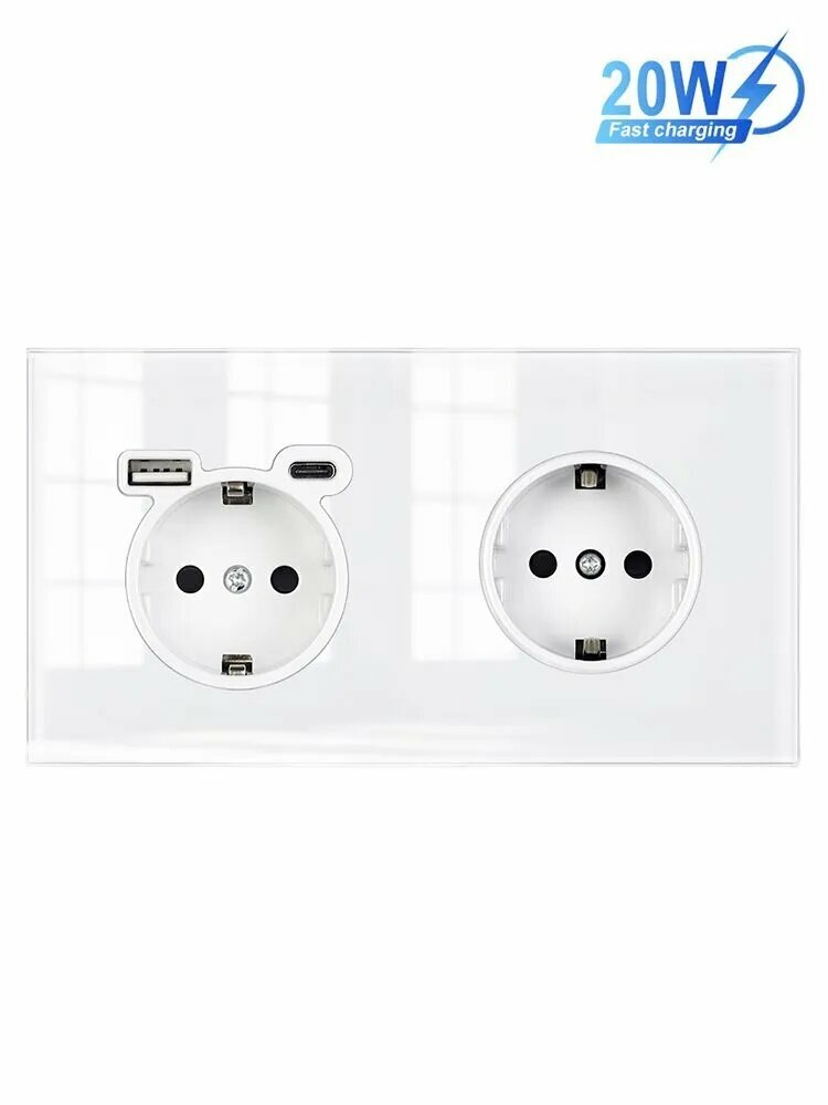 Розетка электрическая 3 поста с Usb и type-c, type-c 20 Вт быстрой зарядки, закаленное стекло, белый