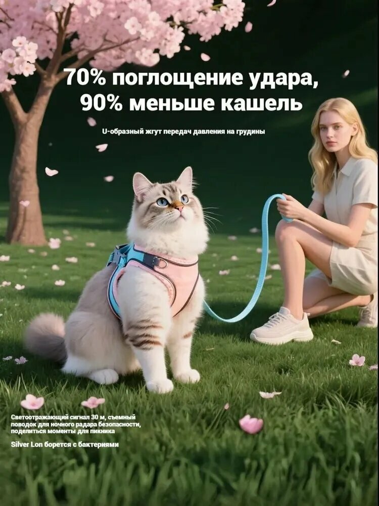 Шлейка для кошек с поводком M, для кошек 2.5-4кг, шлейка для собак мелких пород