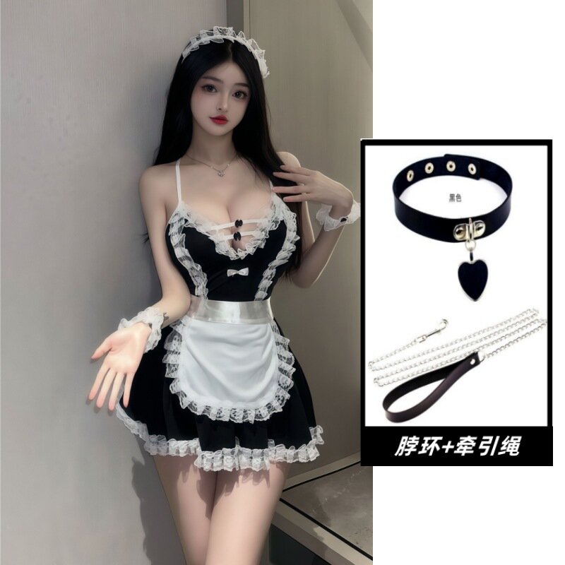 Милая и игривая форма горничной, соблазнительный наряд горничной, комплект кружевного нижнего белья для ролевых игр. Черно-белый + поводок + ошейник.