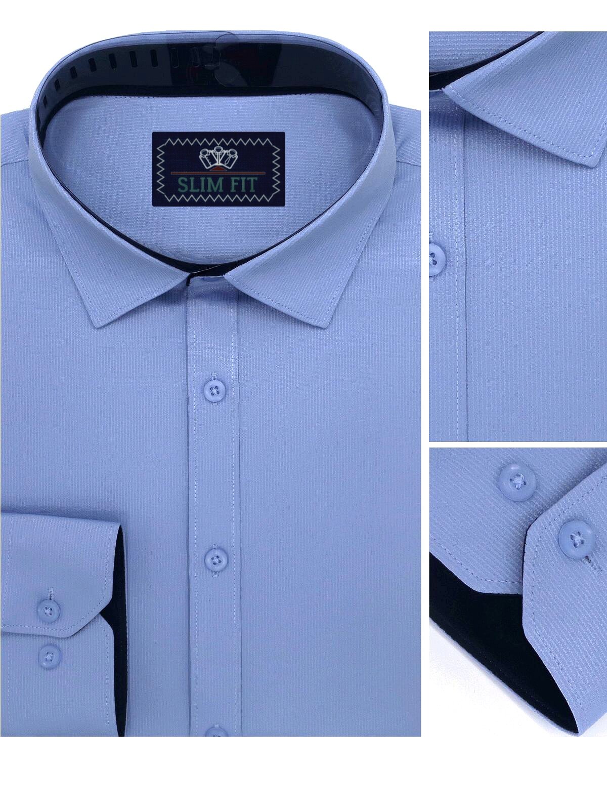 Рубашка Мужская рубашка с длинным рукавом приталенная, светлая сорочка на пуговицах, рубаха на любой сезон, голубая мелкая полоска, без карманов, с отделкой рубашка Slim fit с приталенным кроем зауженная