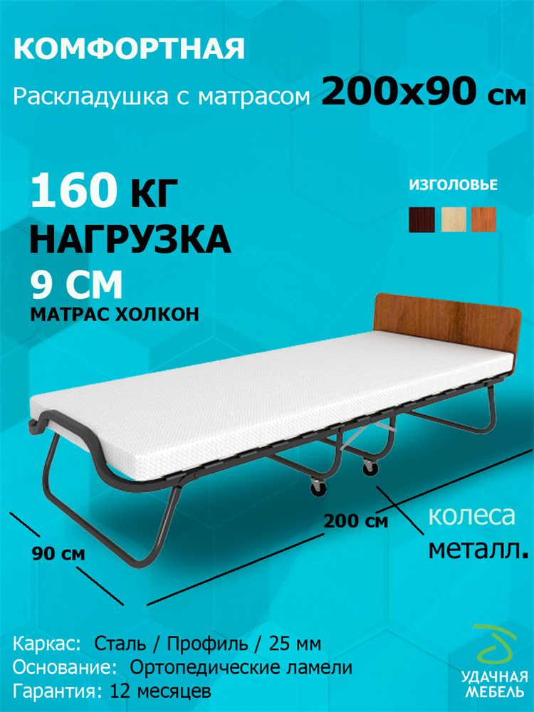 Удачная мебель Раскладушка с матрасом Элеонора премиум (200х90см) орех