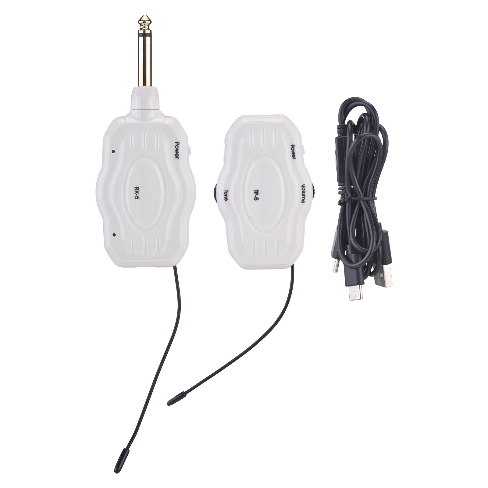 Беспроводная гитарная система Sound Hunter UHF с передатчиком и приемником, на клейкой основе, для электрогитар, бас-гитар и духовых инструментов, перезаряжаемая, белого цвета.