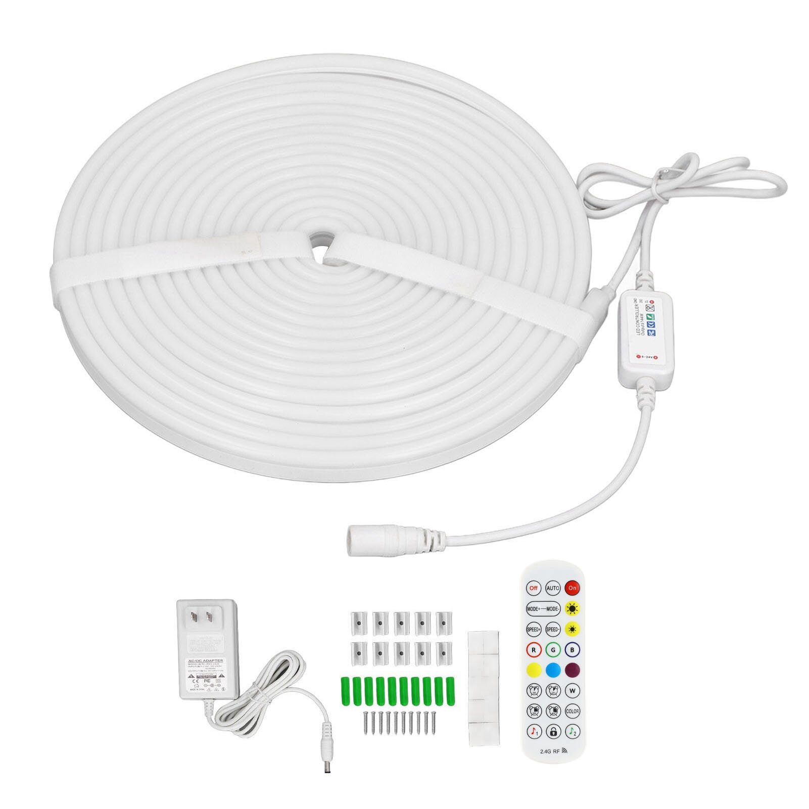 Неоновая светодиодная лента 6 метров (20 футов) с Bluetooth, RGB-подсветкой, питанием от DC24V, синхронизацией музыки и дистанционным управлением через приложение. Подходит для использования внутри, в спальне и на улице.