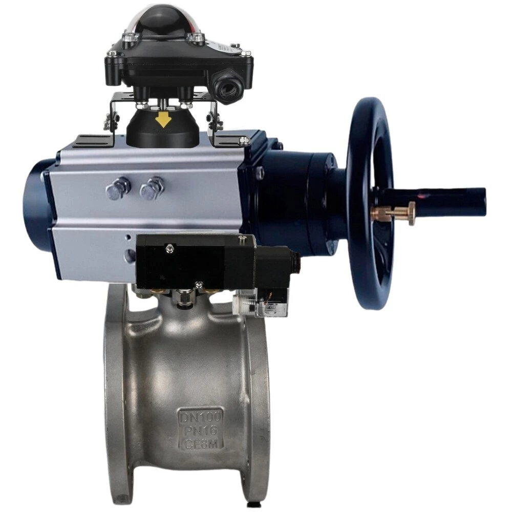 Кран шаровой DN.ru кшфпт.304.180 Ду100 Ру16 полнопроход. трехсоставной, фланц, нерж. сталь 304, PTFE, 22х22, F10, WDVF, с пн. приводом DN. ru DA-105-1, пн. распред. PND2-S1EM-52-1NC-J08-24VDC и БКВ LSB-410-02ExM12-250 (опрессовано)