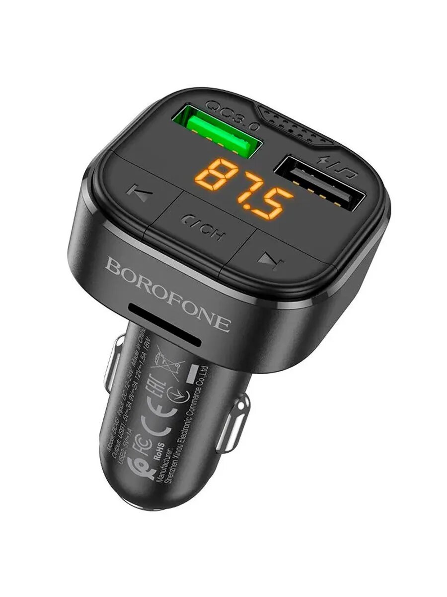 FM модулятор (трансмиттер) Borofone BC43 Bluetooth 2*USB, 18W, 3.1A, QC 3.0, цвет черный