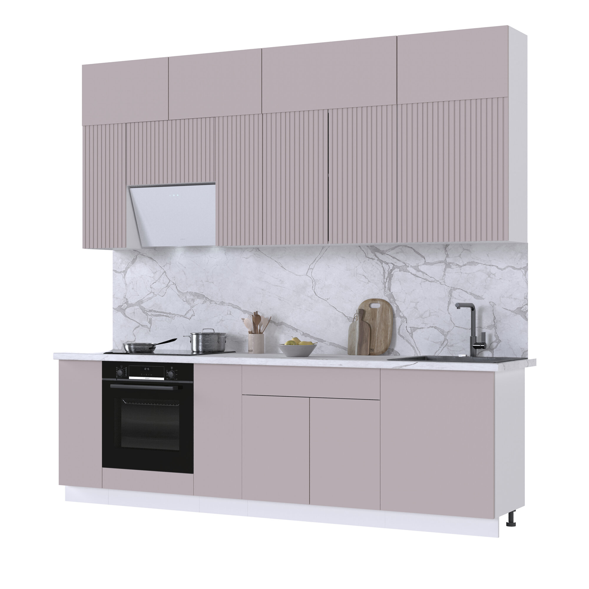 Кухонный гарнитур без столешницы Рельеф Инь-Ян 260см Белый, Атласный серый