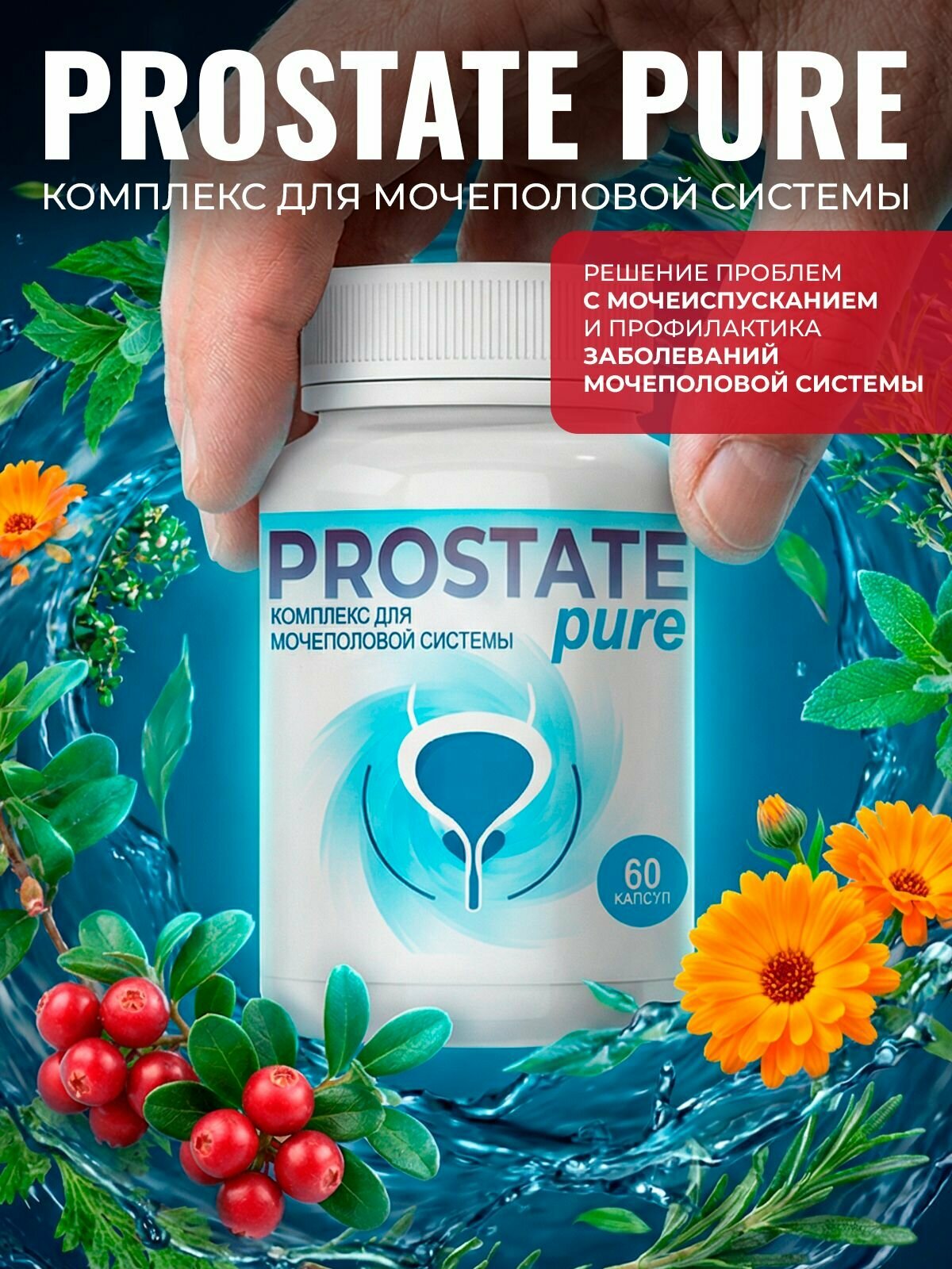 Prostate Pure Здоровье простаты: натуральный комплекс от простатита, для нормализации мочеиспускания, 60 капсул