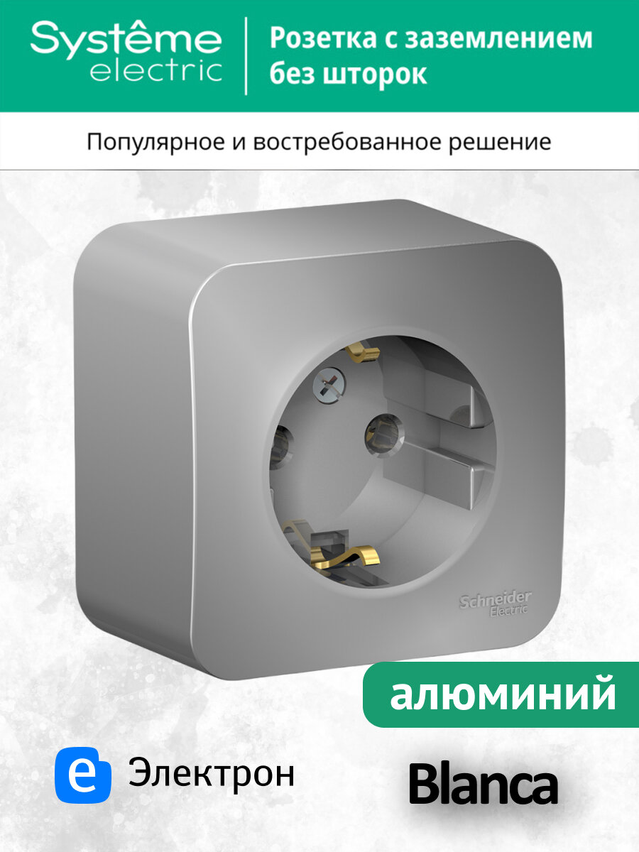 Розетка Systeme Electric Blanca с заземлением, без шторок, алюминий, для открытой проводки, BLNRA010113
