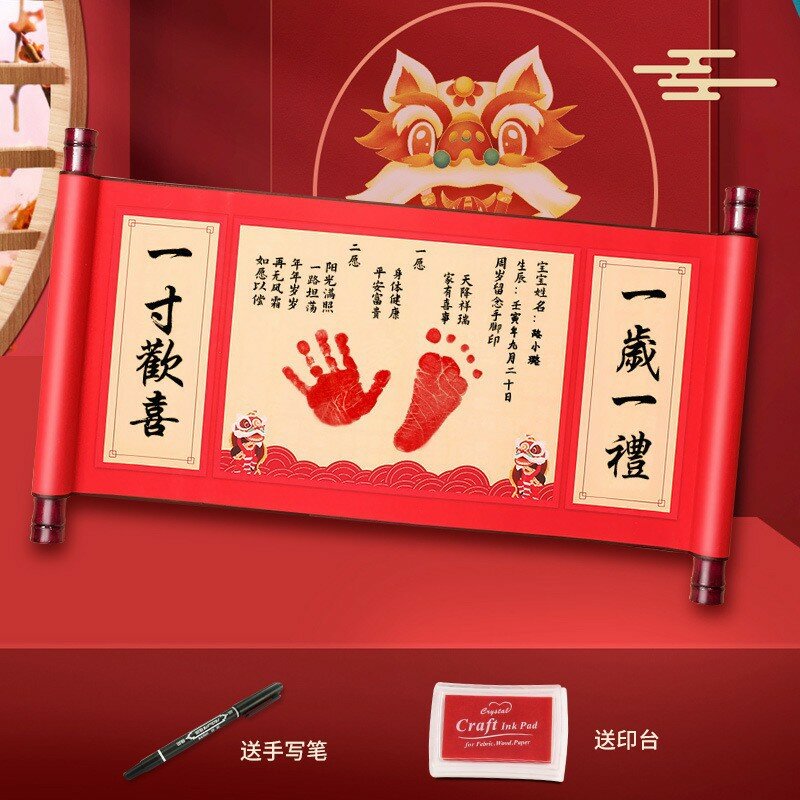 Памятный свиток с отпечатками рук и ног новорожденного на первый день рождения, подарок на годовщину, сувенир из глины для детей на сто дней, каллиграфия и живопись