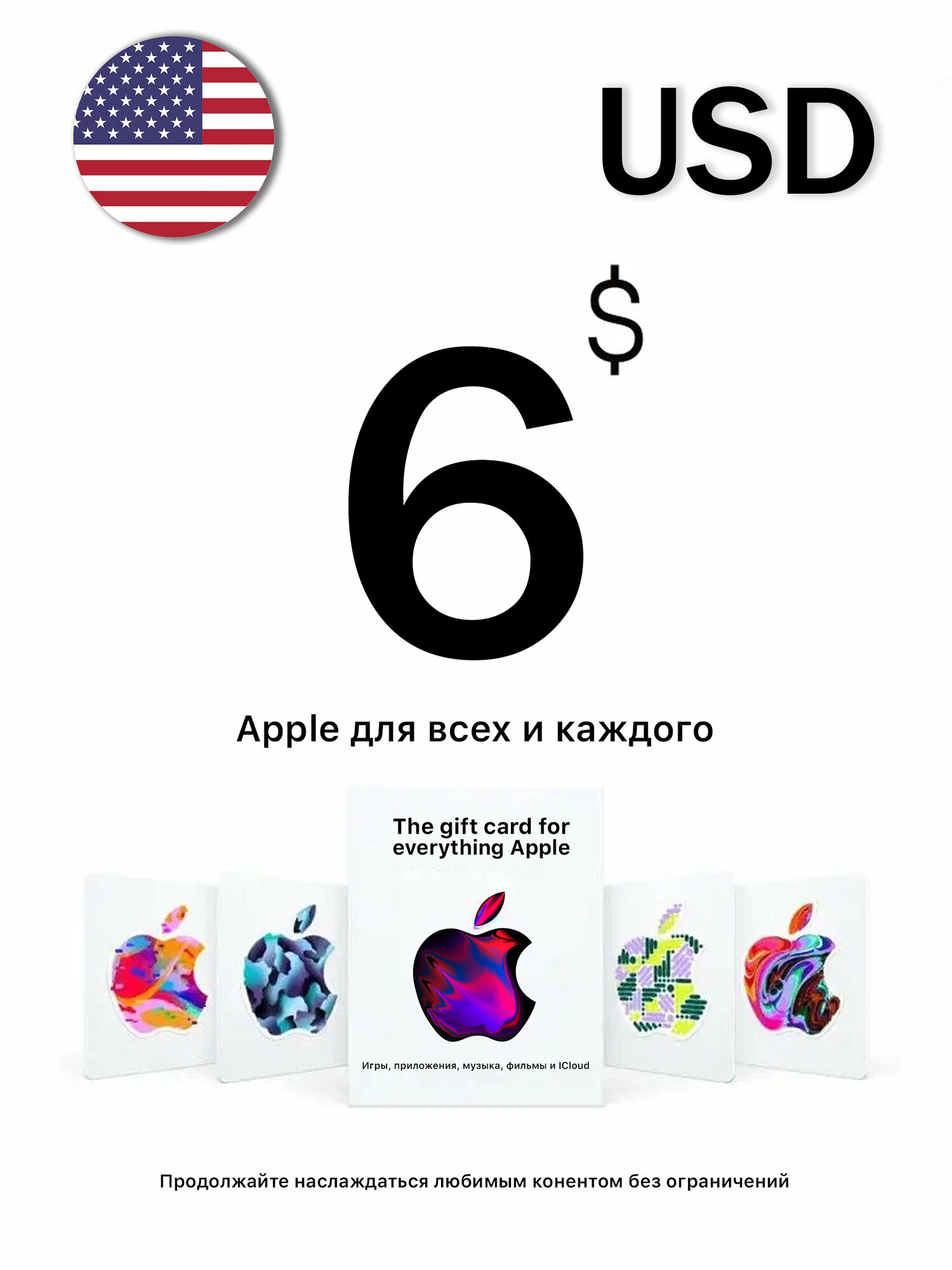Подарочная карта Apple / Карта оплаты Apple (Пополнение счёта App Store и iTunes) на 6 долларов