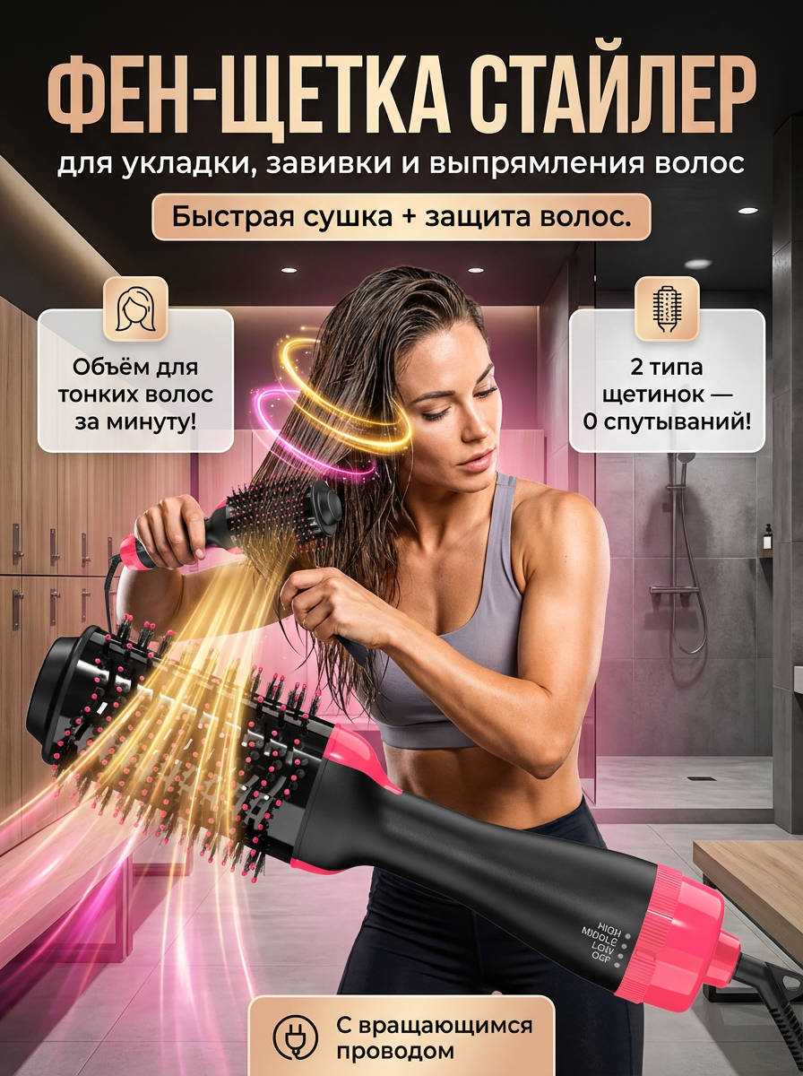 Фен-щетка для волос 3 в 1, Термощетка, Выпрямитель для волос, Стайлер, Расческа