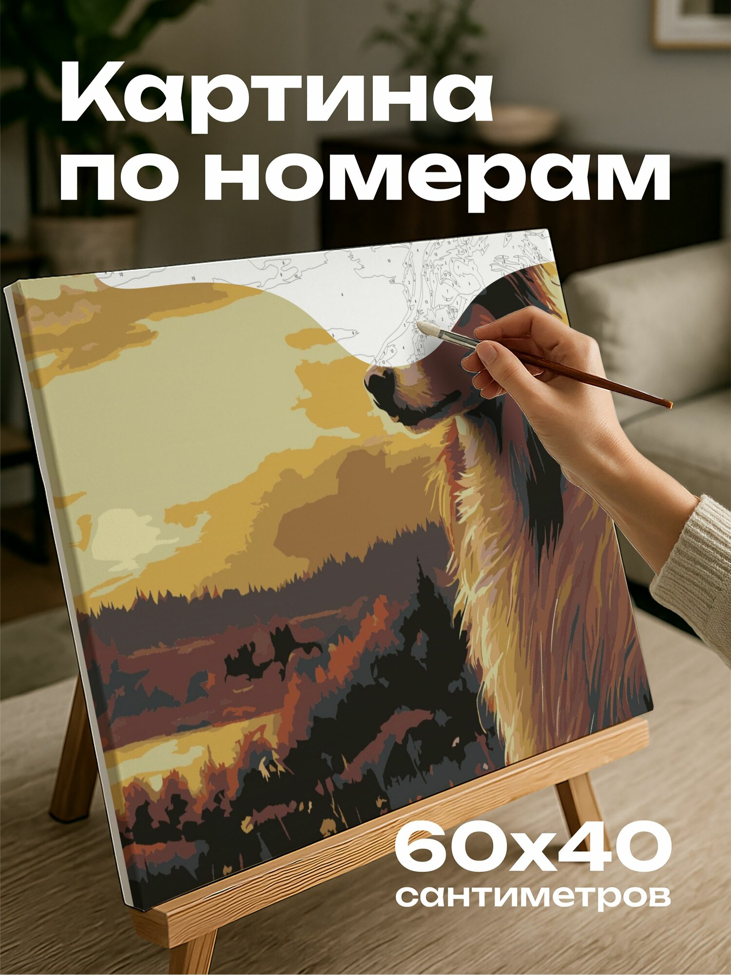 Картина по номерам 60x40 см, картина, масляная, колли, пасторальная, золотистые оттенки, закат, пейзаж, взгляд собаки