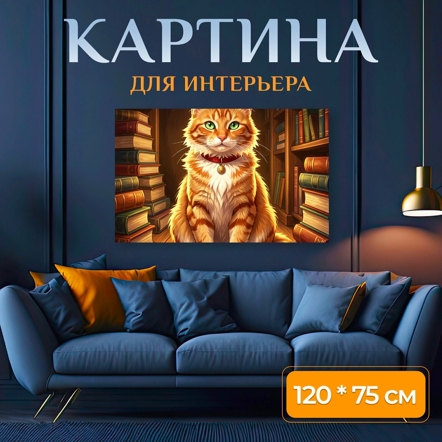 Картина на холсте "Рыжий кот в библиотеке. Уютная иллюстрация с полосатым пушистым питомцем среди книжных полок, тёплые золотисто-коричневые." на подрамнике 120х75 см. для интерьера