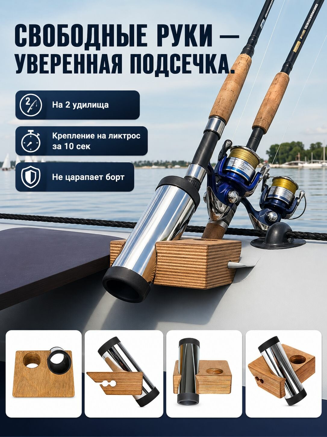 Держатель для спиннинга и удочки в лодку ПВХ на ликтрос / Подставка под 2 удилища (стакан) / Универсальный крепежный блок (УКБ) для рыбалки