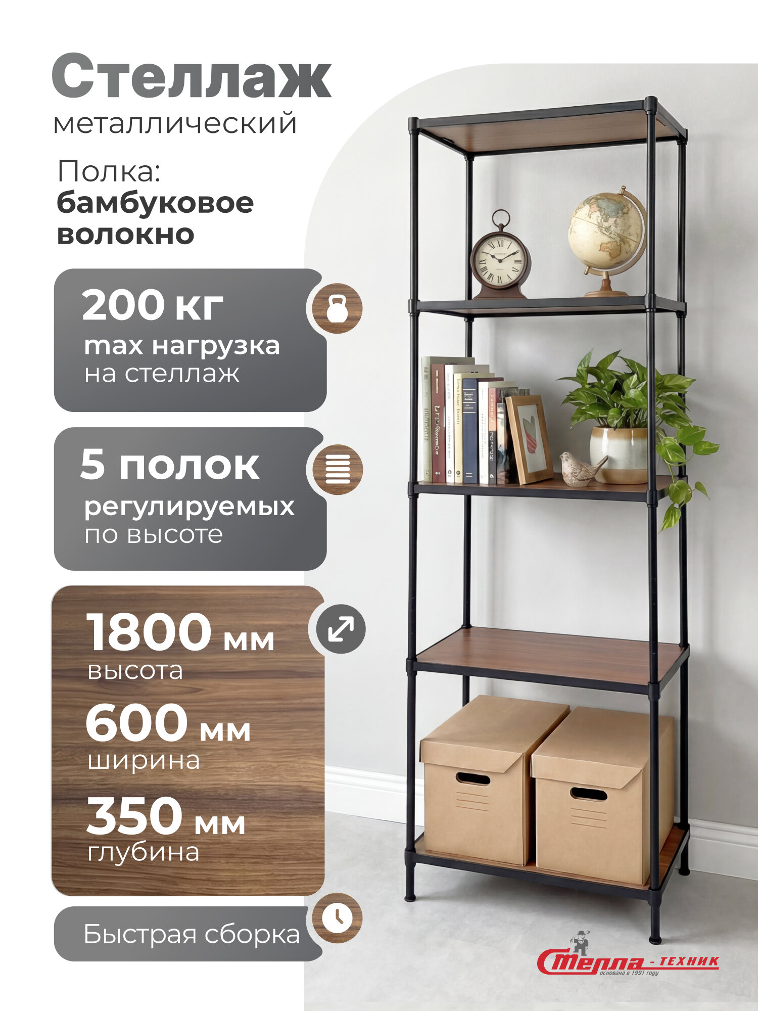 Стеллаж металлический в стиле лофт Стелла-техник, 600x350x1800 мм