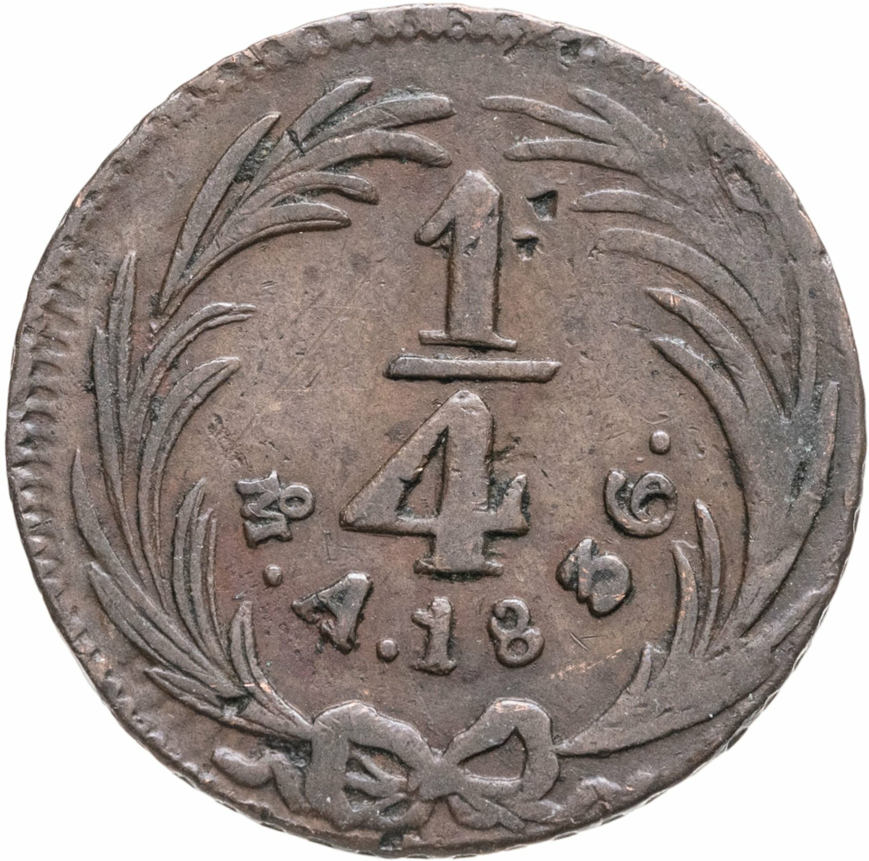 Мексика 1/4 реала 1836, Медь, в сохранности F