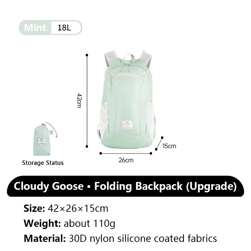Naturehike Cloudy Goose складной рюкзак 18л/22л Mint 18L