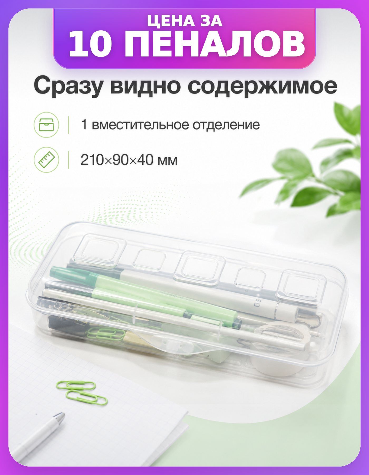 Пеналы прозрачные СТАММ для школы и офиса, 10 шт