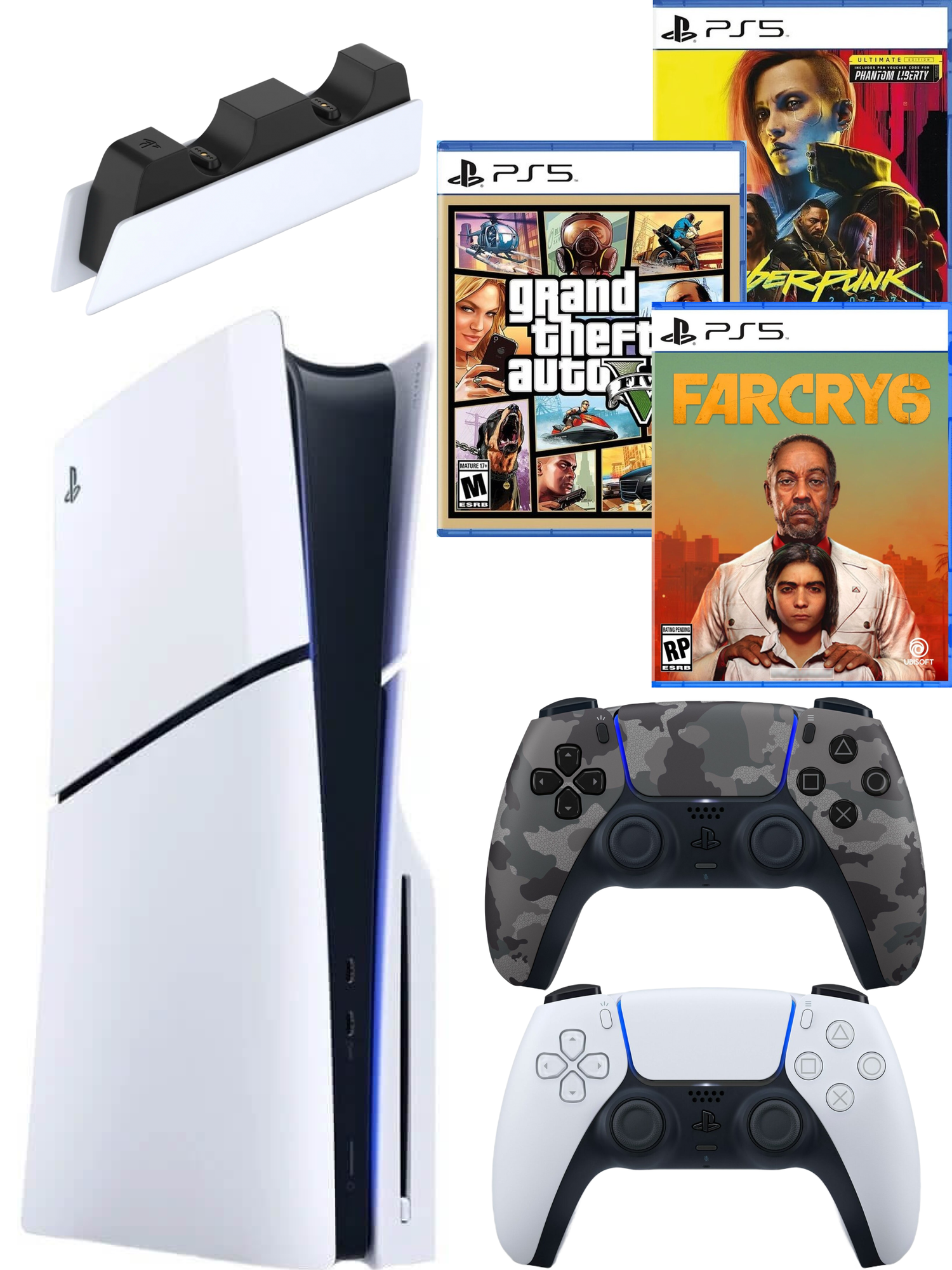 Игровая приставка Sony PS 5 Slim, 1ТБ(с дисководом)+2 геймпад+Зарядная станция+3 игры(GTA 5, Far Cry 6, Cyberpunk2077)