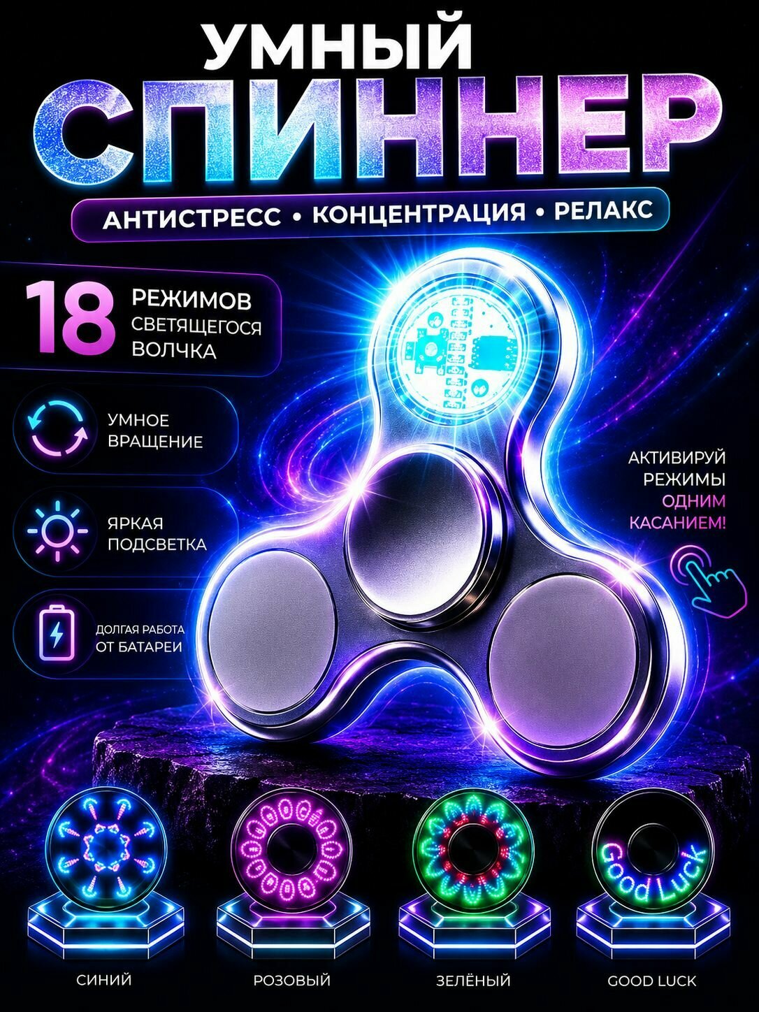 Спиннер светящийся для пальцев/Антистресс игрушка/ Фиджет игрушка