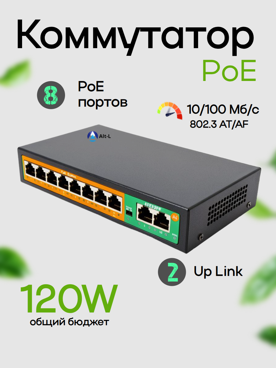 РoЕ коммутатор 8 портов PoE, 2 Uplink, 120W