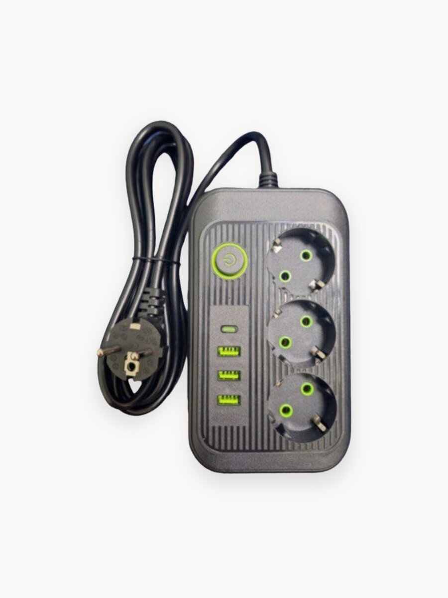 Сетевой фильтр 2 метра 3 розетки 3 USB +1 Type-C (удлинитель, пилот, тройник), с предохранителем и заземлением