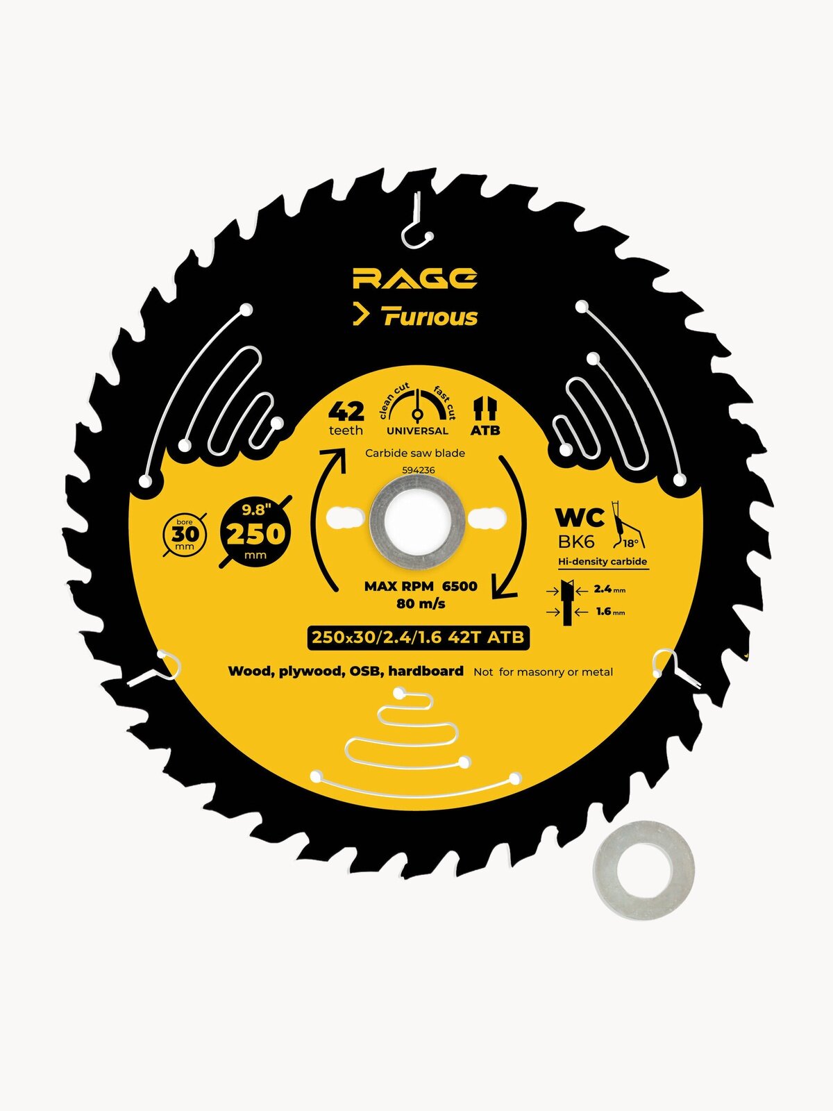 Диск пильный по дереву 250 мм универсальный 42 зуба посадка 30 мм с переходными кольцами 25.4, 20 и 16 мм RAGE Furious