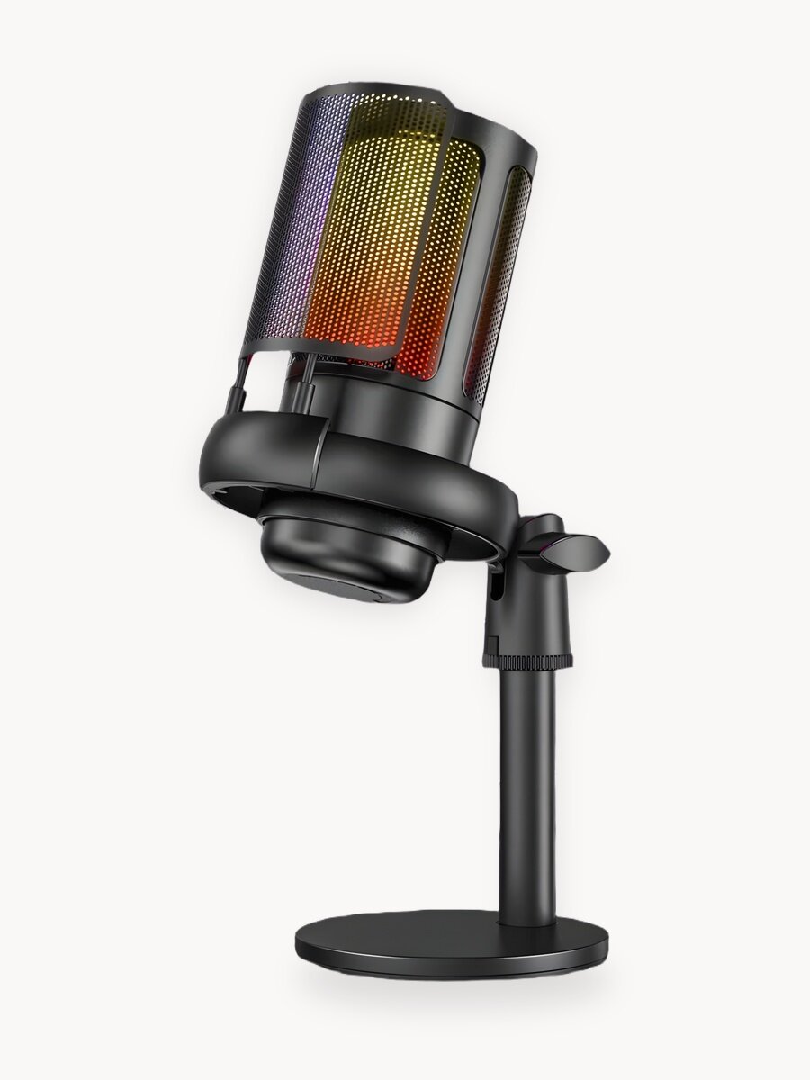 Игровой микрофон для компьютера, черный конденсаторный микрофон, студийный, RGB, с поп-фильтром и ветрозащитой
