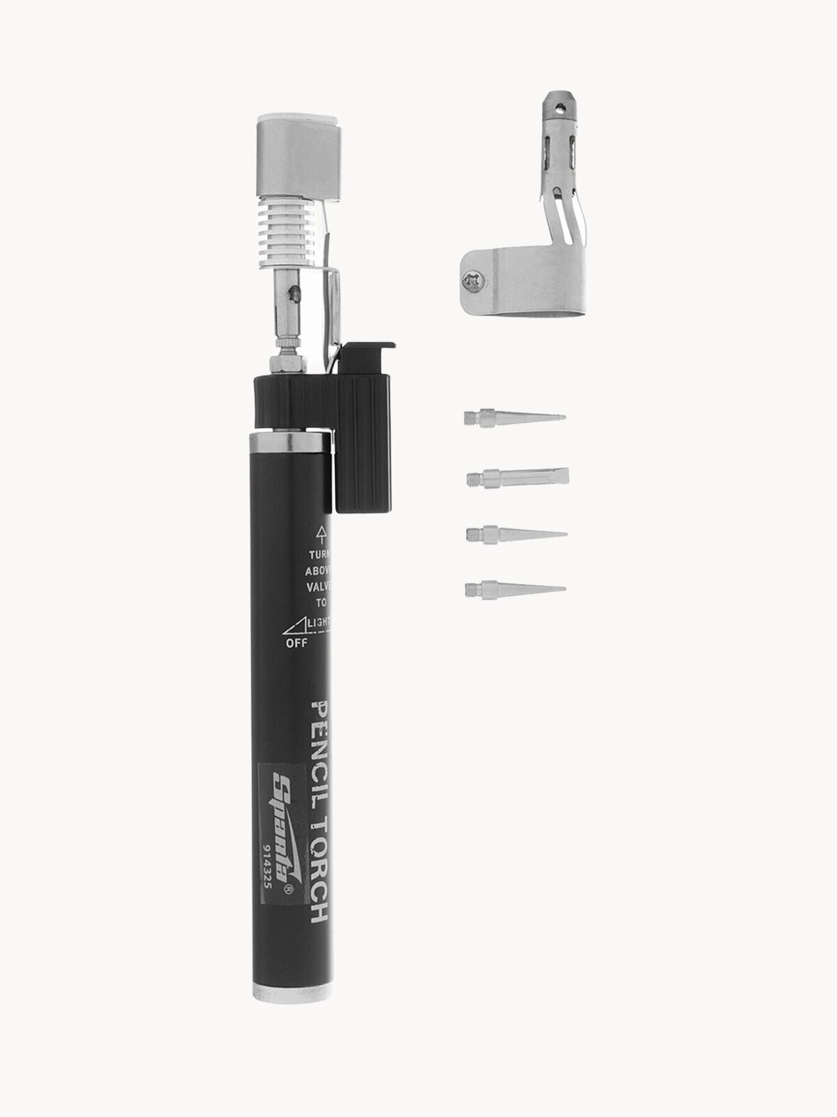 Горелка газовая Sparta тип "Карандаш" c пьезоподжигом, 4 насадки для пайки, 200 мм 914325