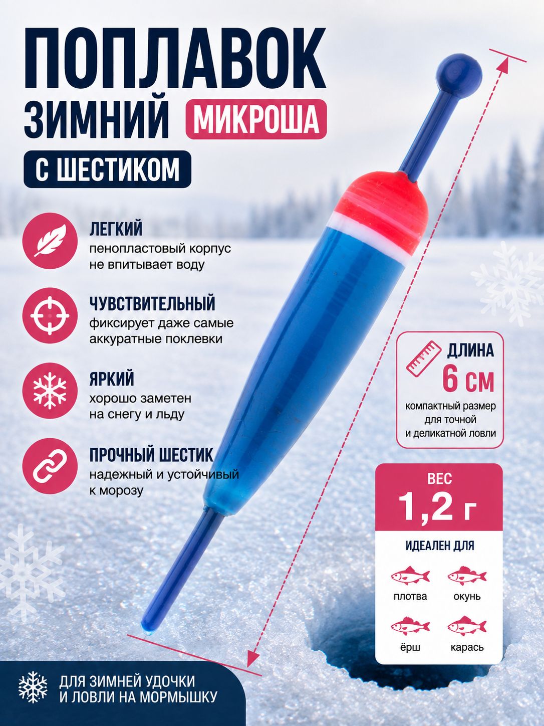 Поплавок зимний Микроша с шестиком №4 вес 1.2 гр цв синий