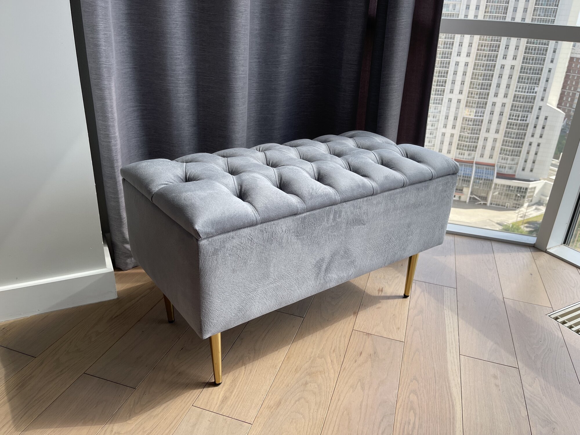 Пуф в прихожую/ пуф с местом для хранения/банкетка в прихожую/банкетка серая / золотые ножки