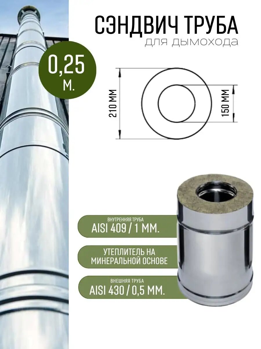 Сэндвич для дымохода 0,25 метра 150/210 мм, нержавейка AISI 409, 1 мм./нержавейка AISI 430, 0,5 мм.