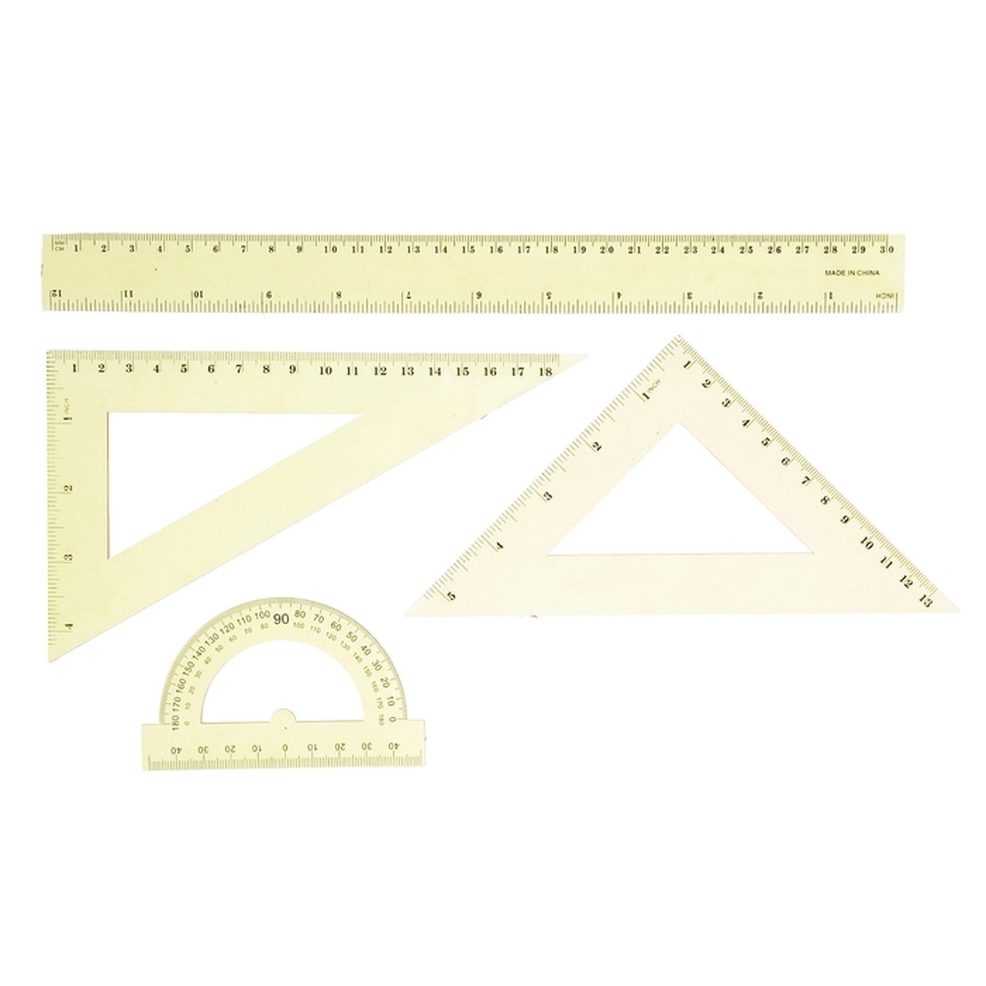 Набор геометрический: линейка 30 см, 2 угольника, транспортир, тонированный, микс