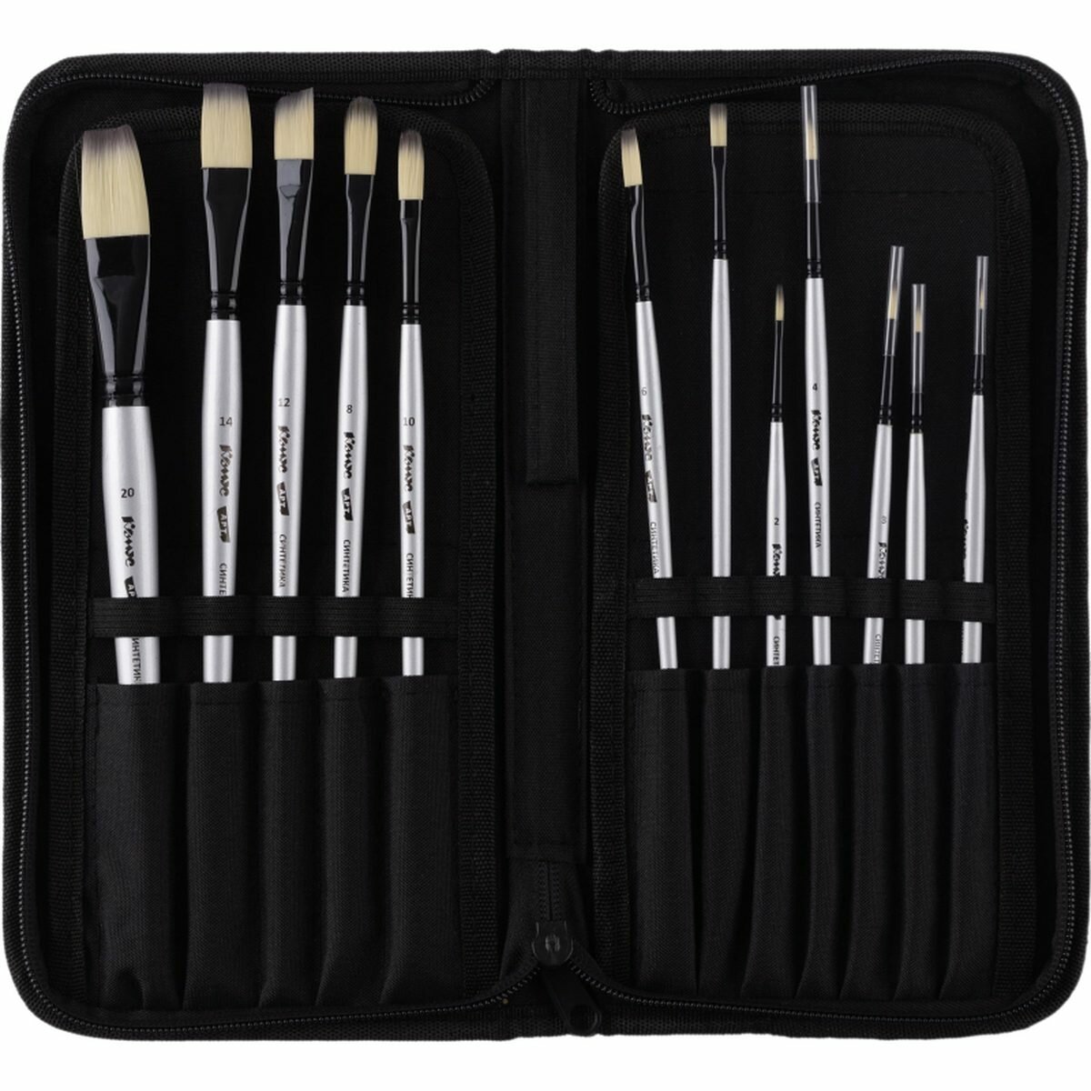 Набор кистей художественных Комус Арт, синтетика, короткая ручка, черн. кейс, 12шт. (1857769), 30 уп.