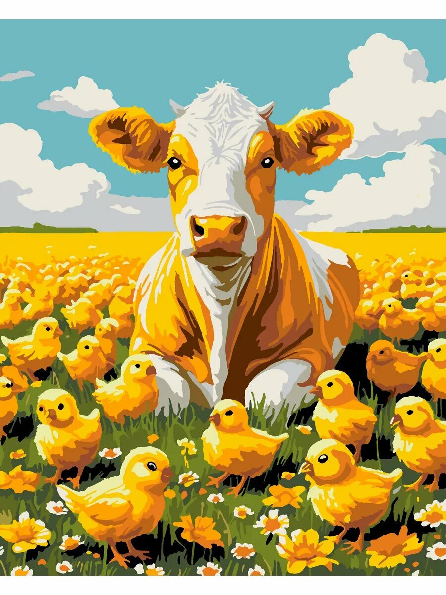 Картина по номерам "Корова и Цыплята" Тут рисуют, холст, акрил, 40x50 см